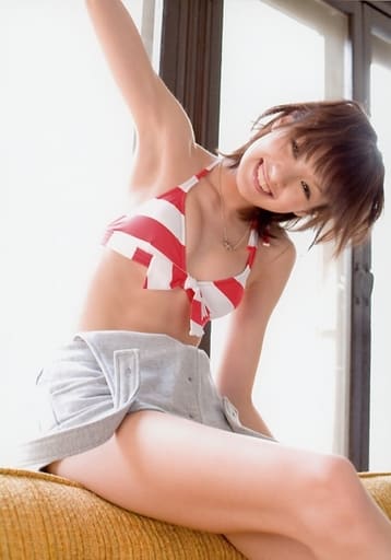 Akina Minami / Knee-Above, Sitting, SwimSuit Red, White, Stripe Pattern, Costume Grey, Right ...